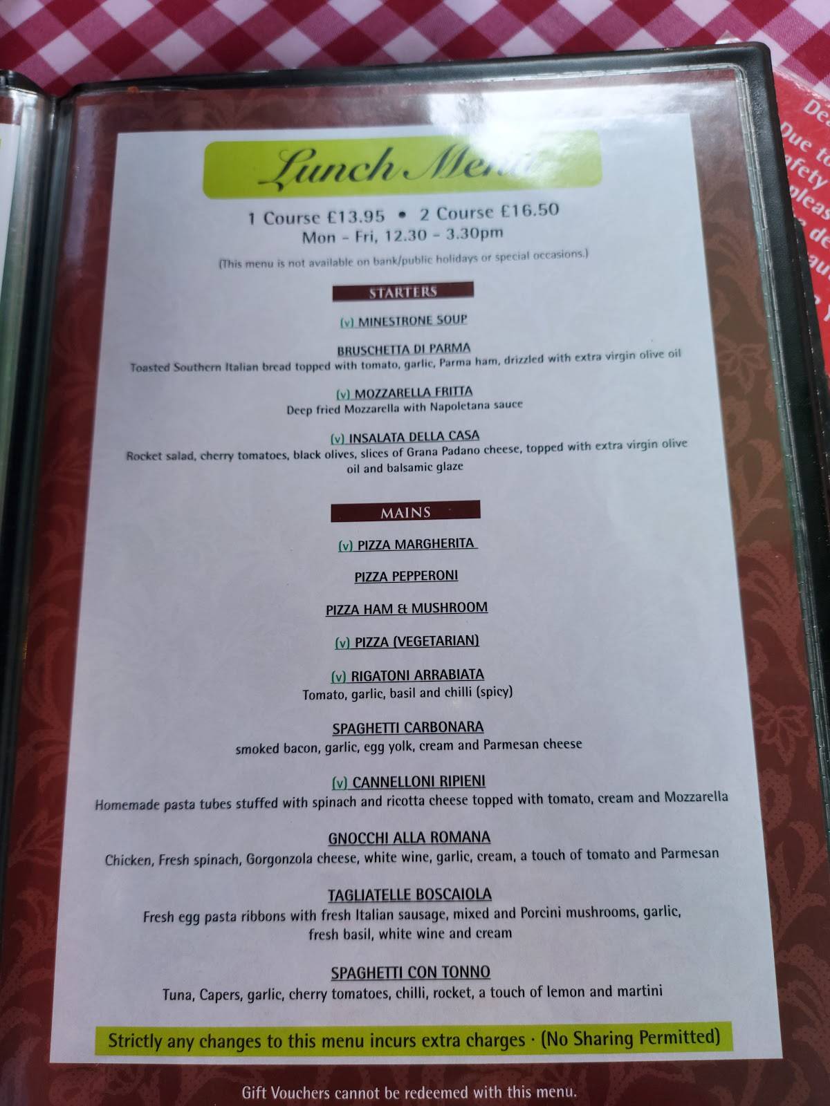 Menu at Little Italy restaurant, Saint Andrews