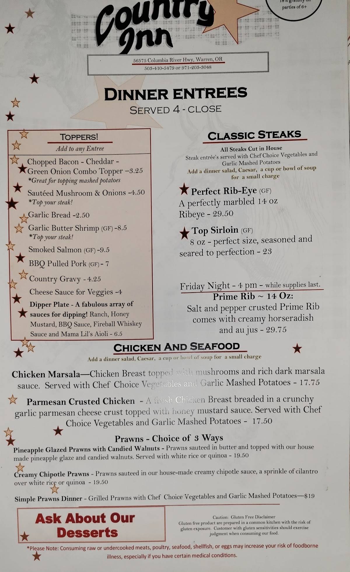 Menu at Warren Country Inn restaurant, Warren