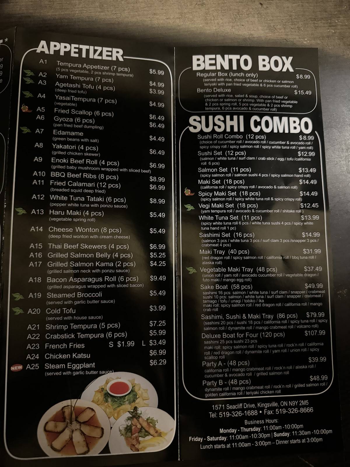 Menu at Sake Sushi restaurant, Kingsville