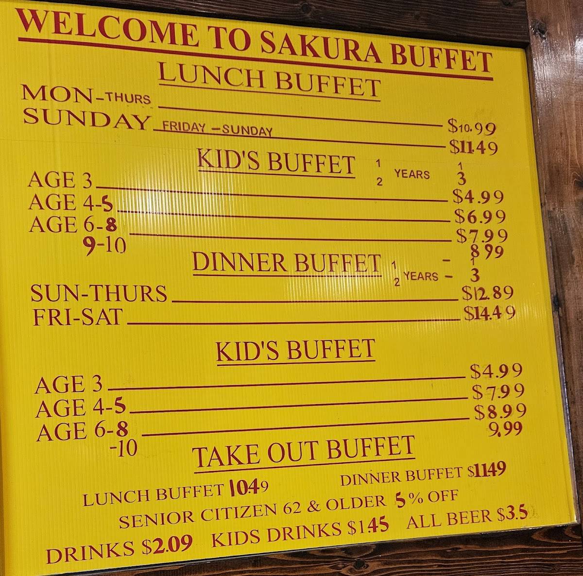 Menu at Sakura Hibachi restaurant, Cleveland