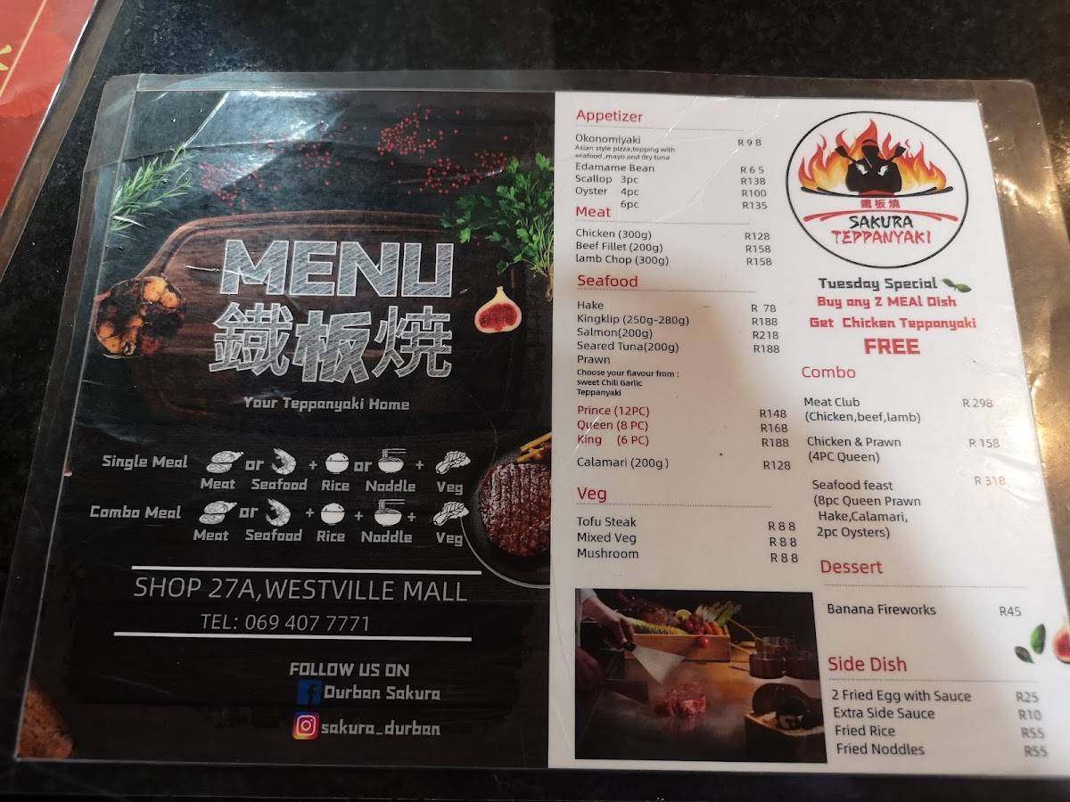 Menu at Sakura Westville restaurant, Westville