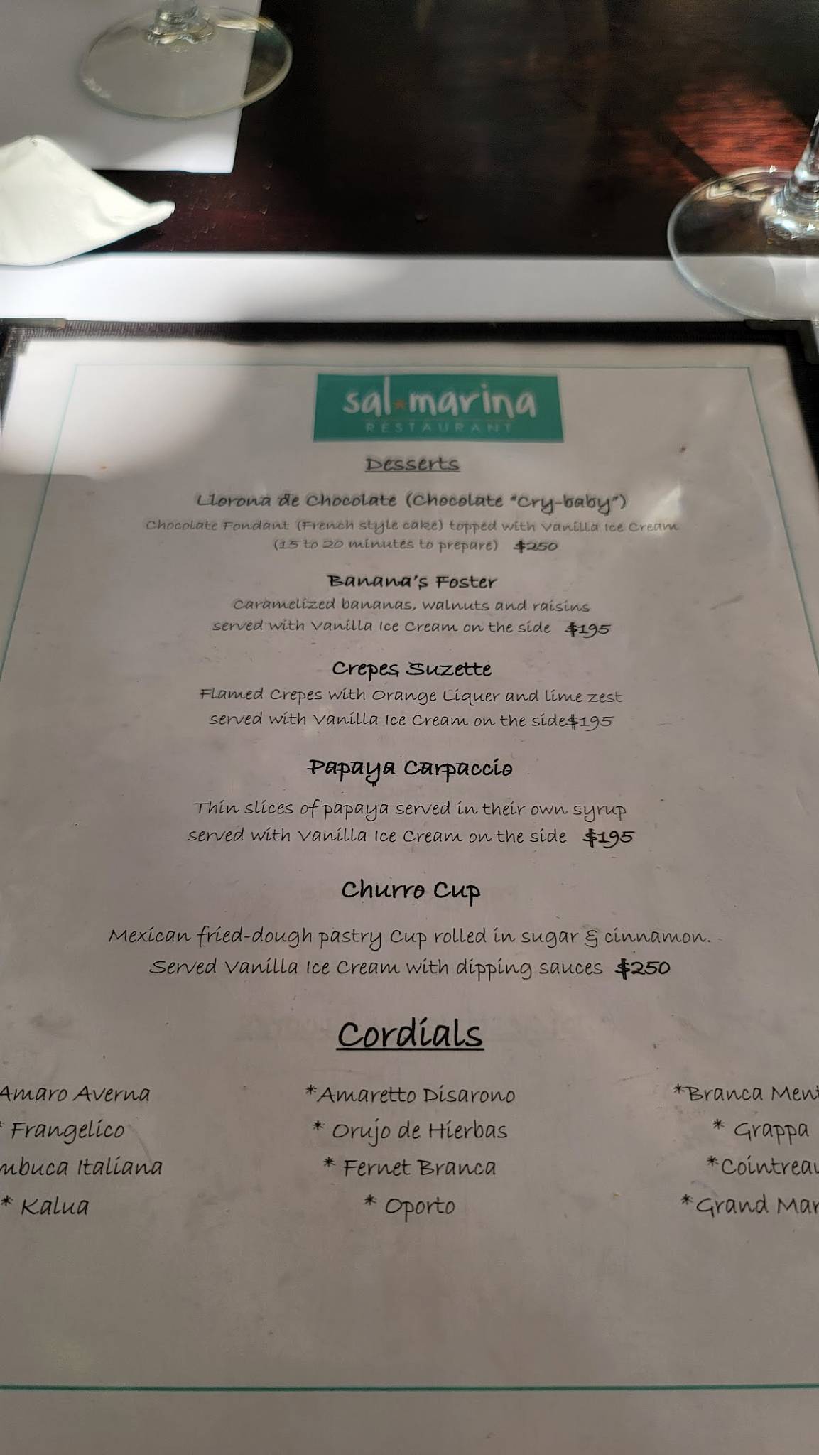 Carta de Sal Marina Restaurant, Playa Juan Dolio