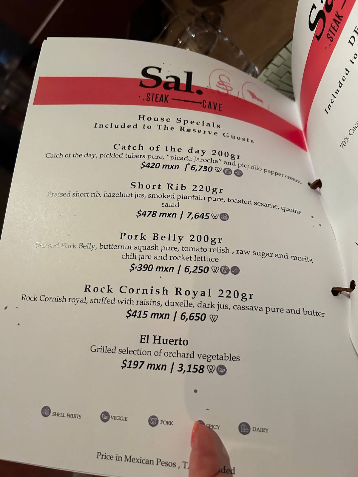 Menu at Sal Steak House restaurant, Cancún