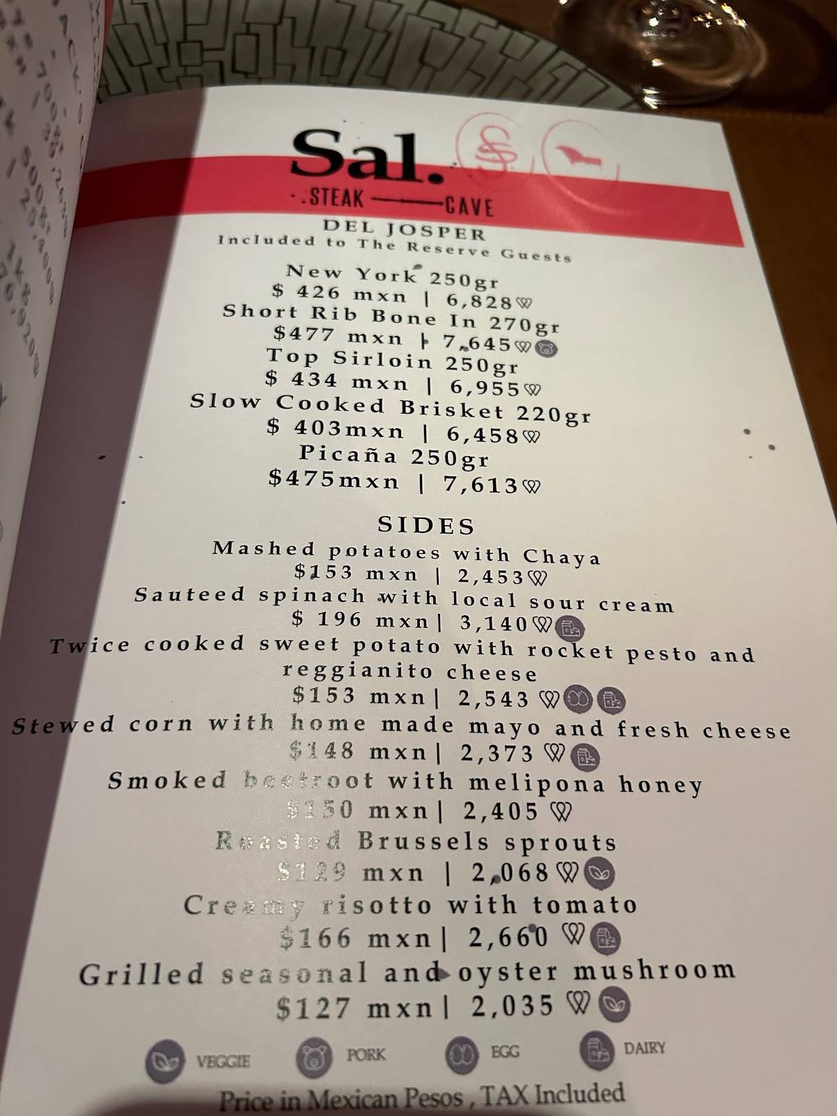 Menu at Sal Steak House restaurant, Cancún
