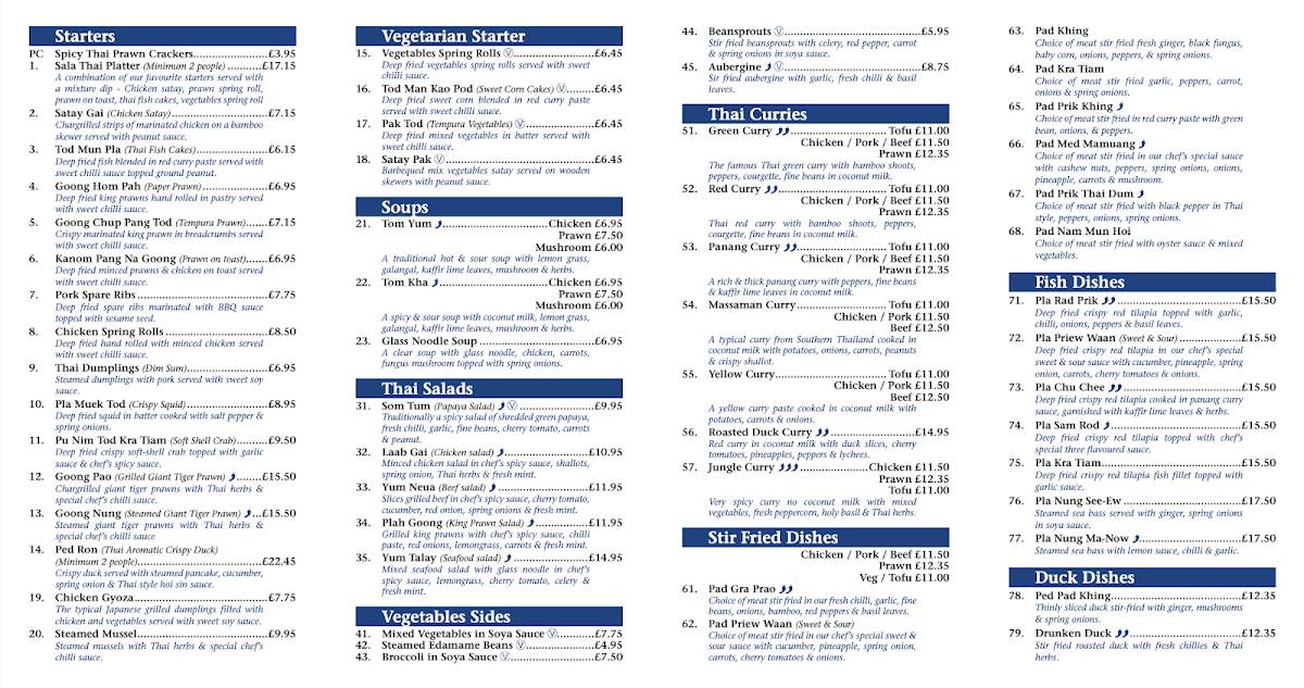 Menu at Sala Thai restaurant, Ware