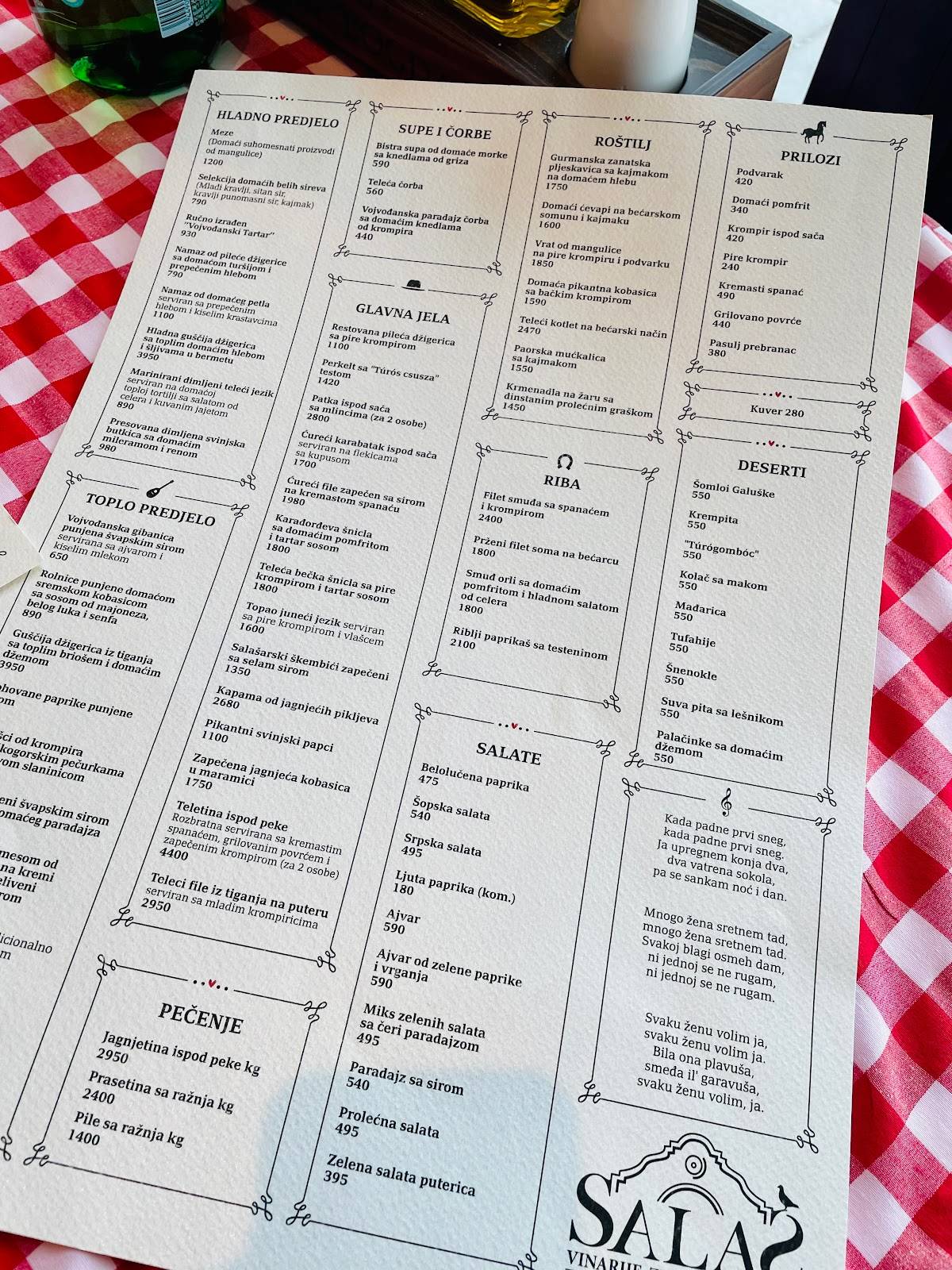 Menu au Salaš Vinarije Zvonko Bogdan Beograd restaurant, Belgrade
