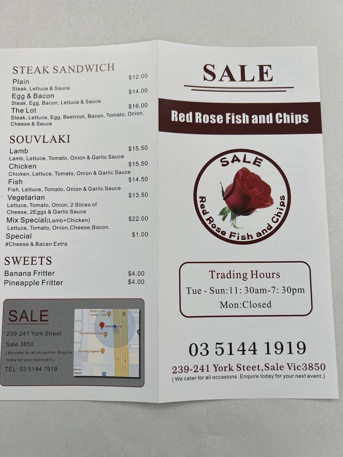 Menu at Sale Red Rose Cafe, Sale