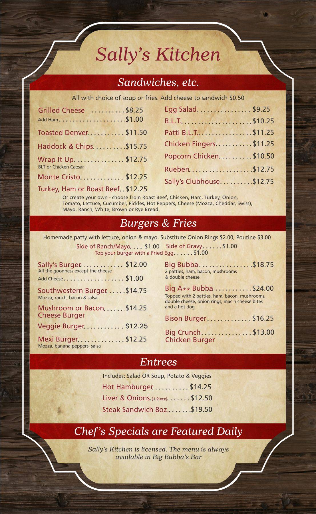 Menu at Sally's Kitchen restaurant, Alix