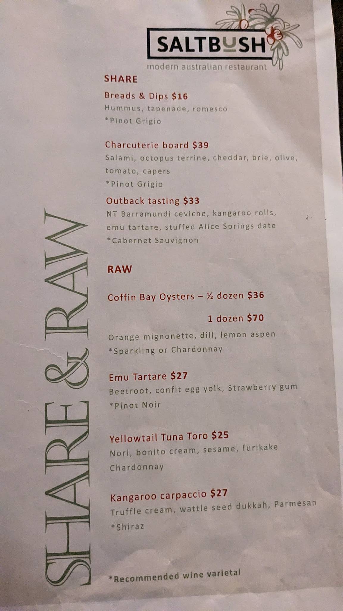 Menu at Saltbush restaurant, Desert Springs