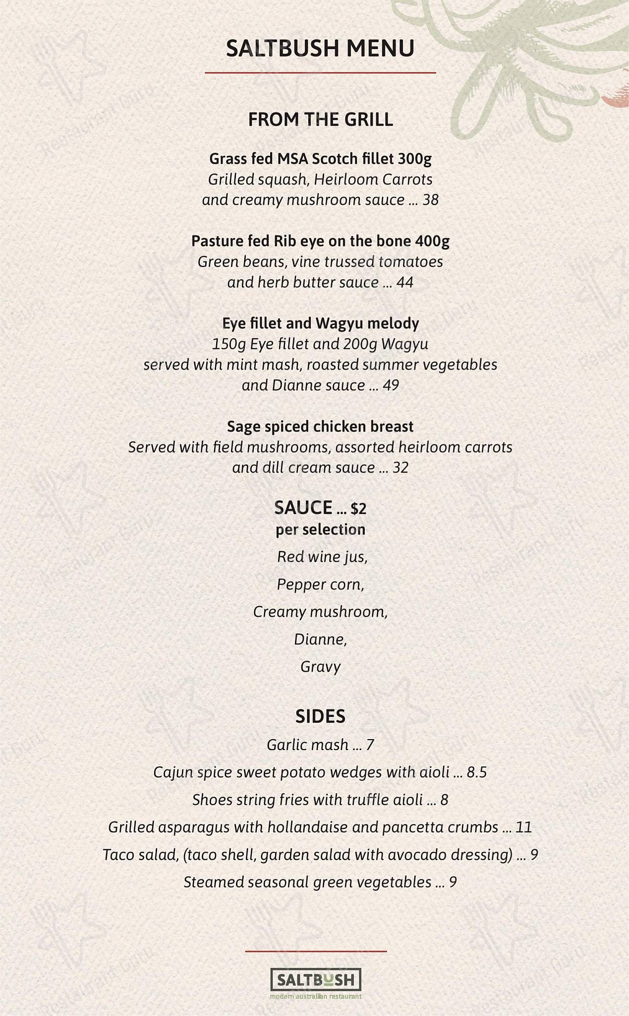Menu at Saltbush restaurant, Alice Springs
