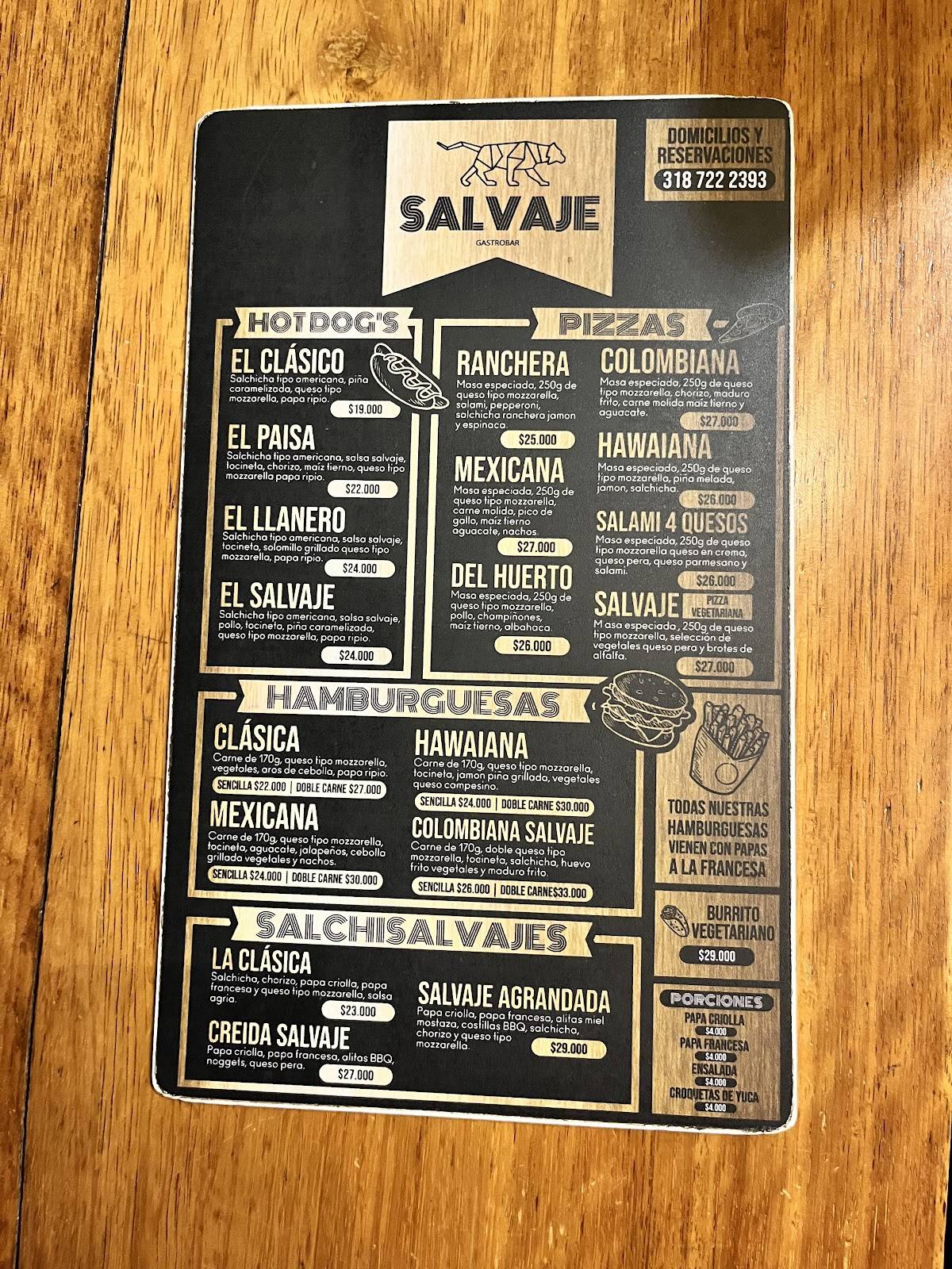 Menu at Salvaje Gastrobar, San José del Guaviare