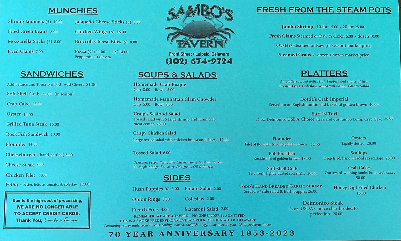Menu at Sambo's Tavern pub & bar, Leipsic