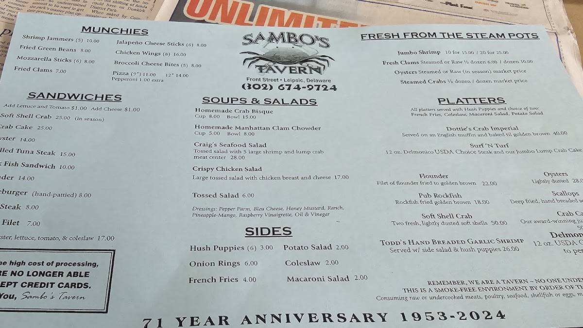 Menu at Sambo's Tavern pub & bar, Leipsic