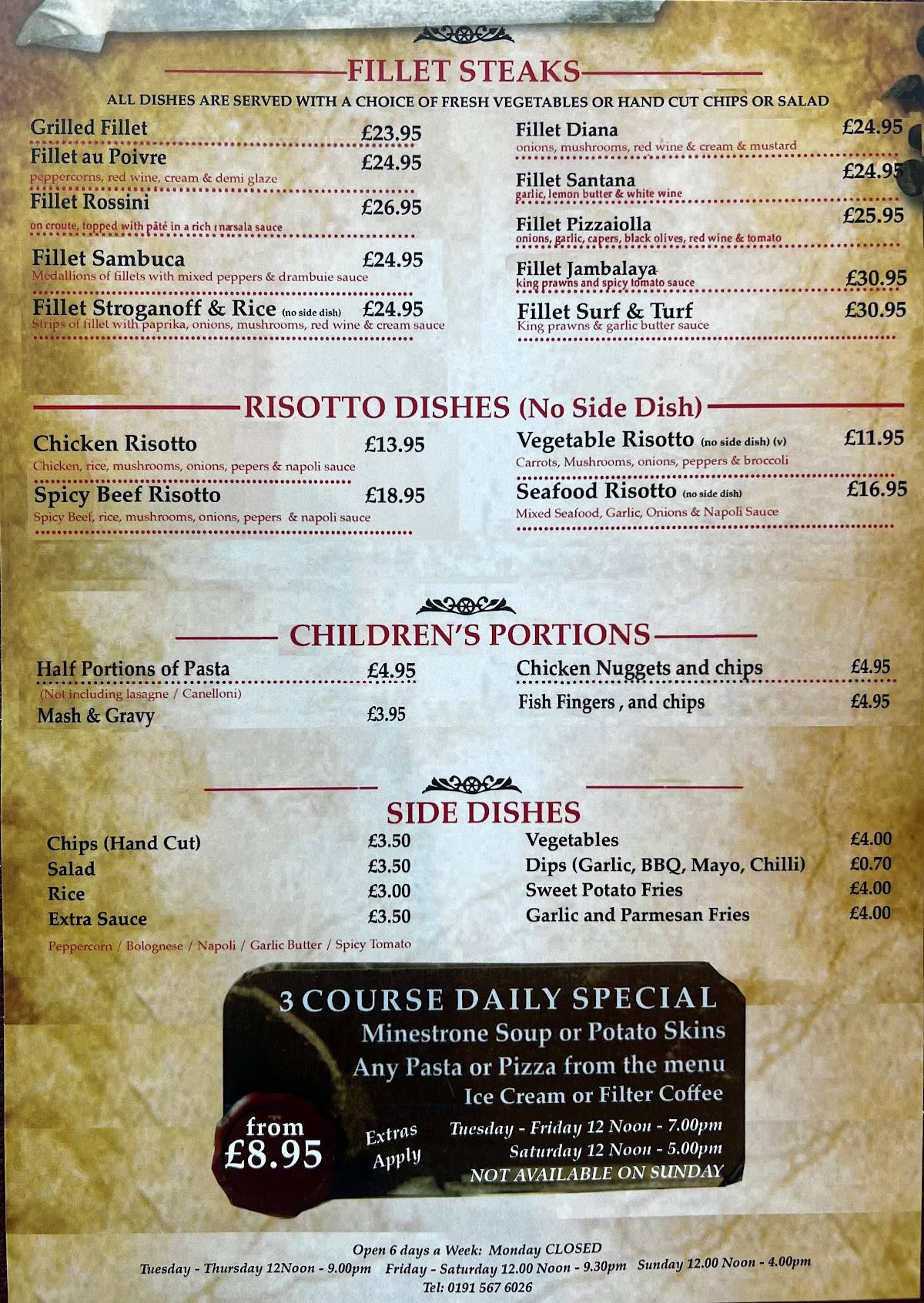 Menu at Sambuca Sunderland restaurant, Sunderland