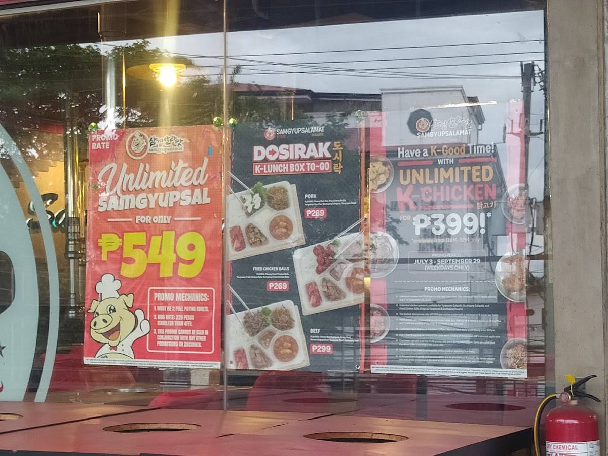 Menu at Samgyupsalamat restaurant, Calamba