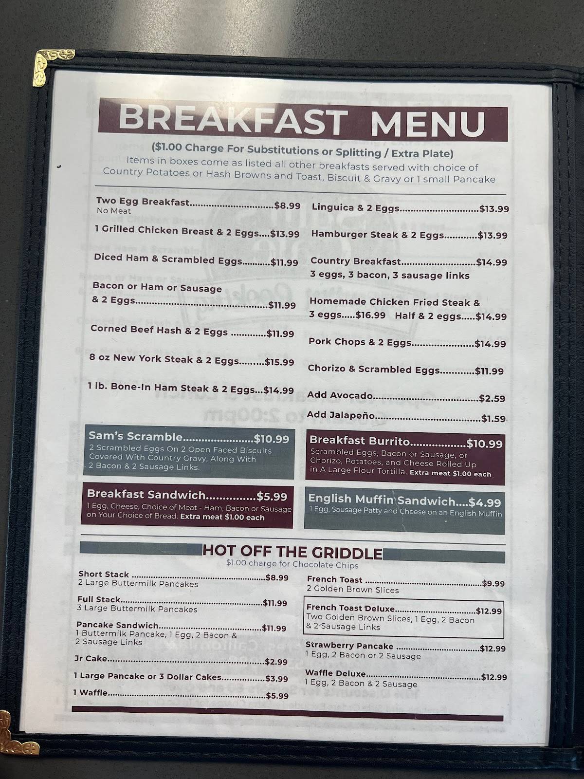 Menu at Sam's Cafe, Ceres