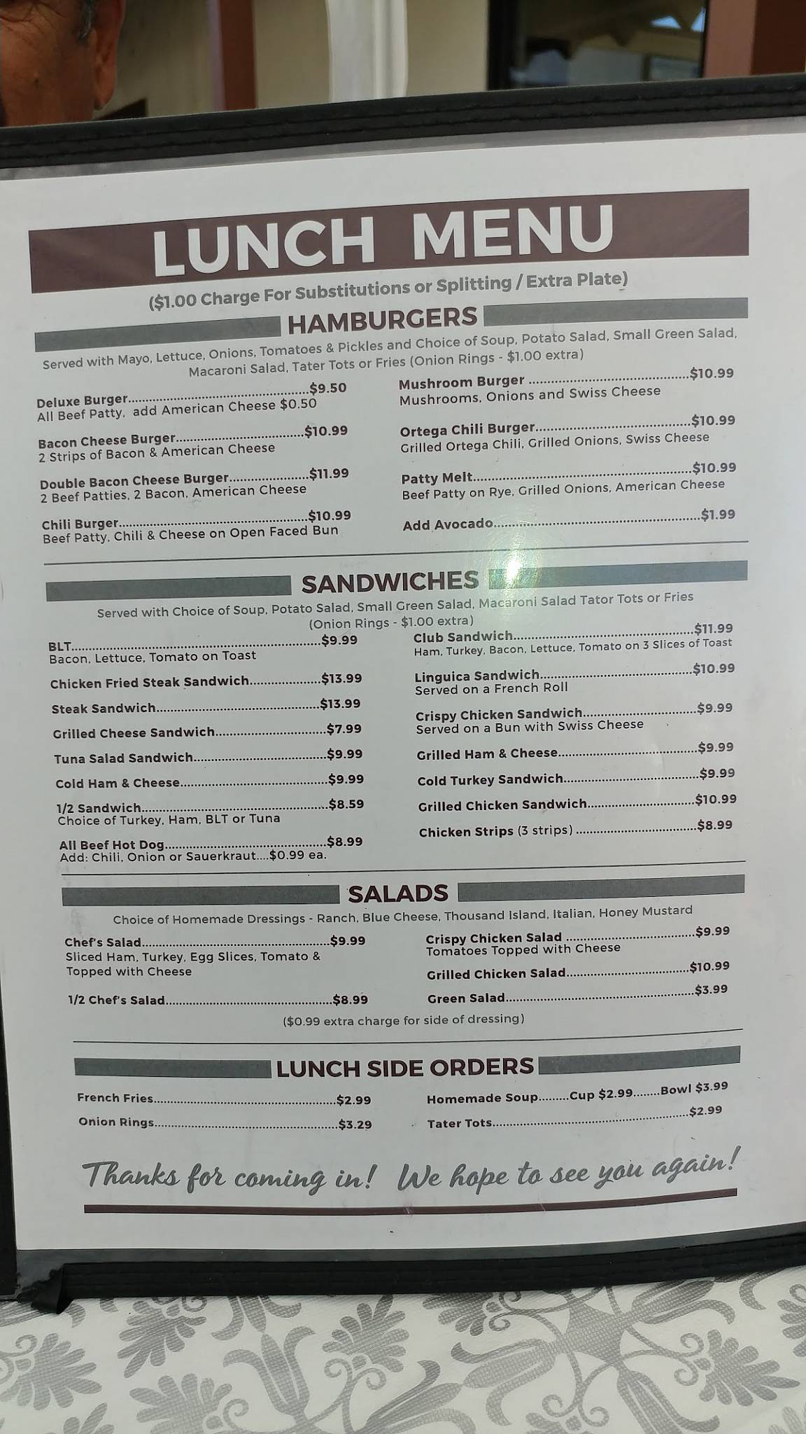 Menu at Sam's Cafe, Malkapur
