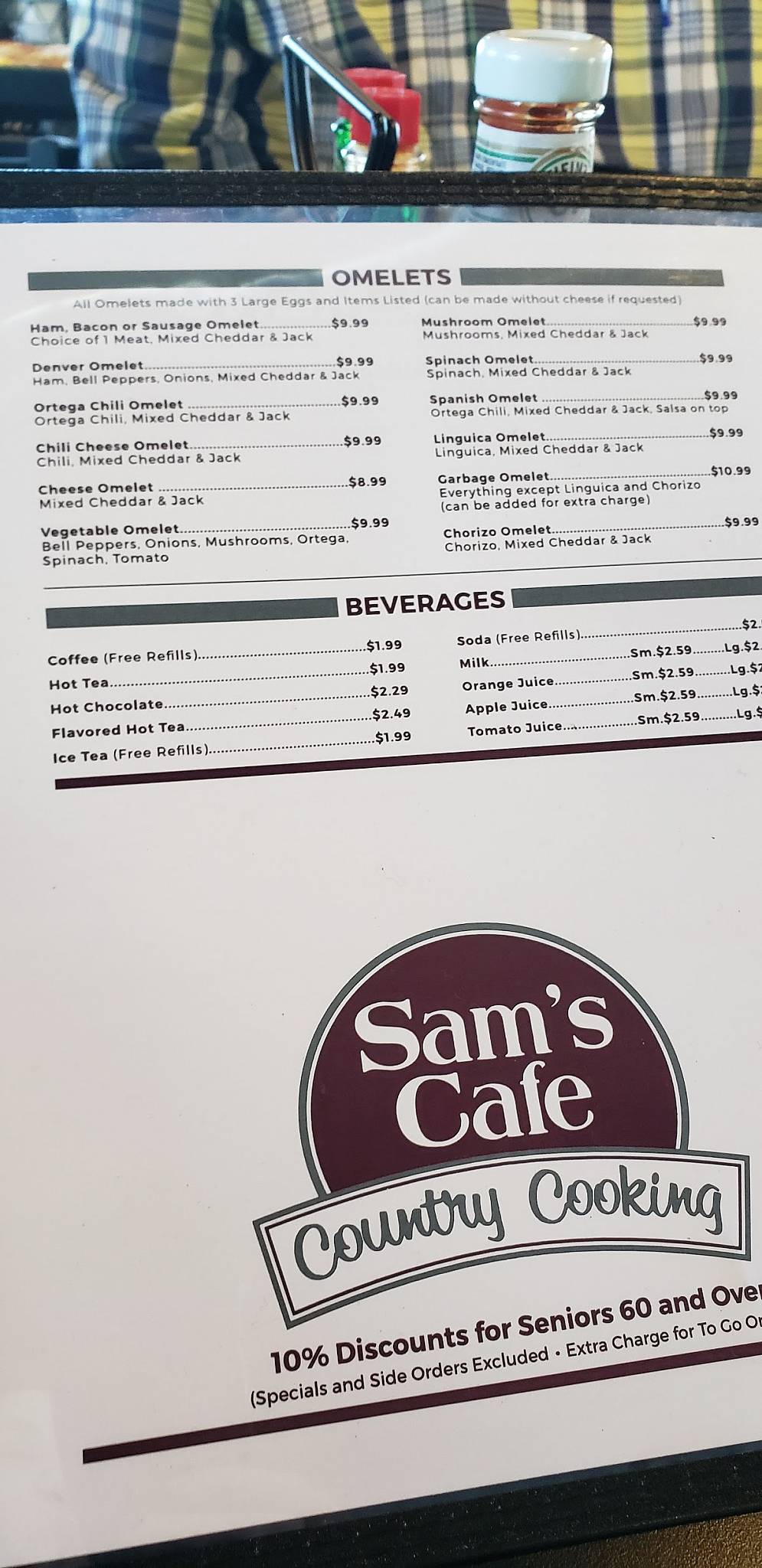 Menu at Sam's Cafe, Ceres