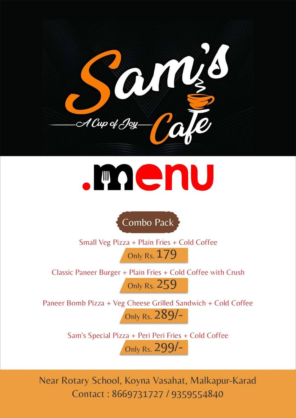 Menu at Sam's Cafe, Karad