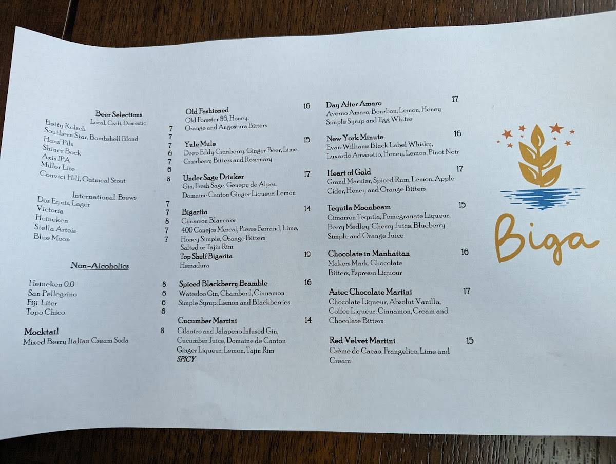 Menu at Biga - San Antonio Riverwalk Restaurant, San Antonio