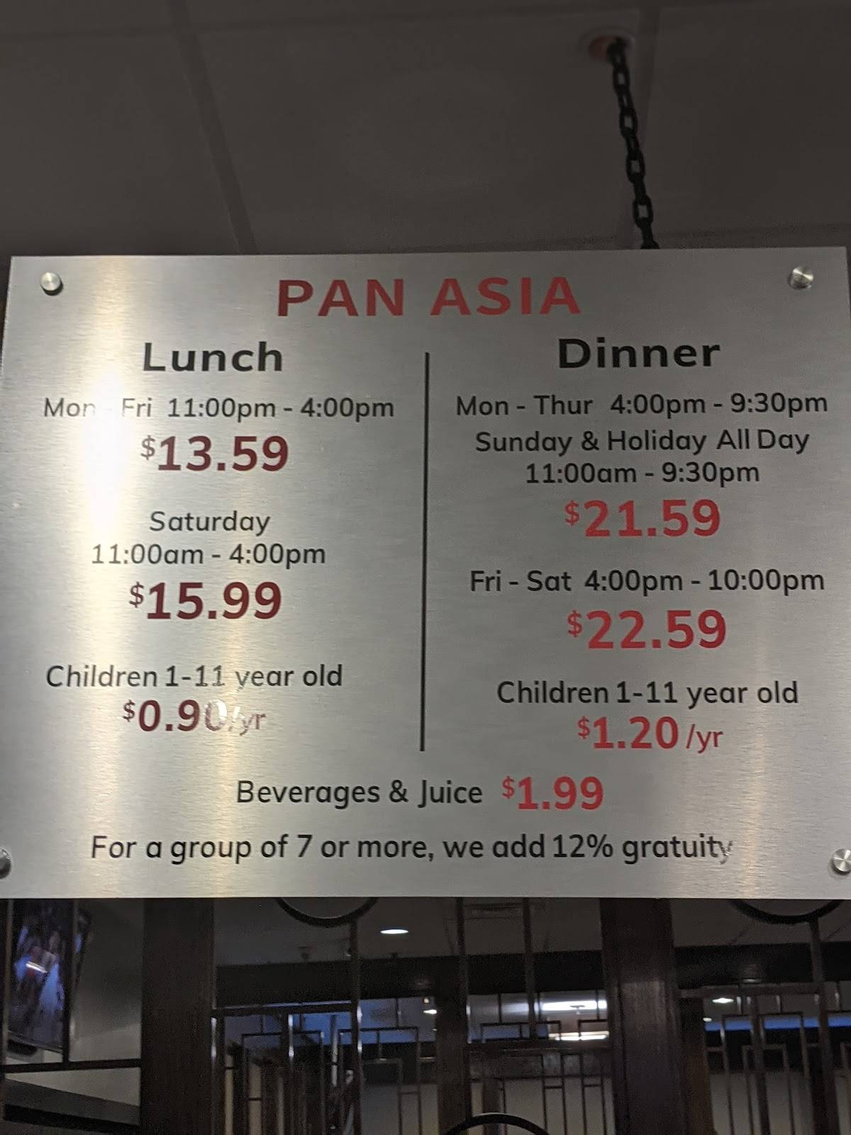 Menu at Pan Asia Buffet restaurant, San Marcos