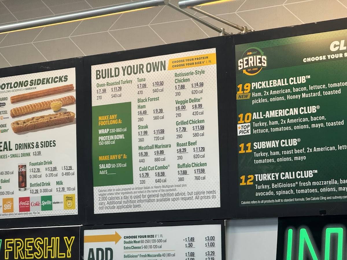 Menu at Subway fast food, San Mateo, S El Camino Real Suite C