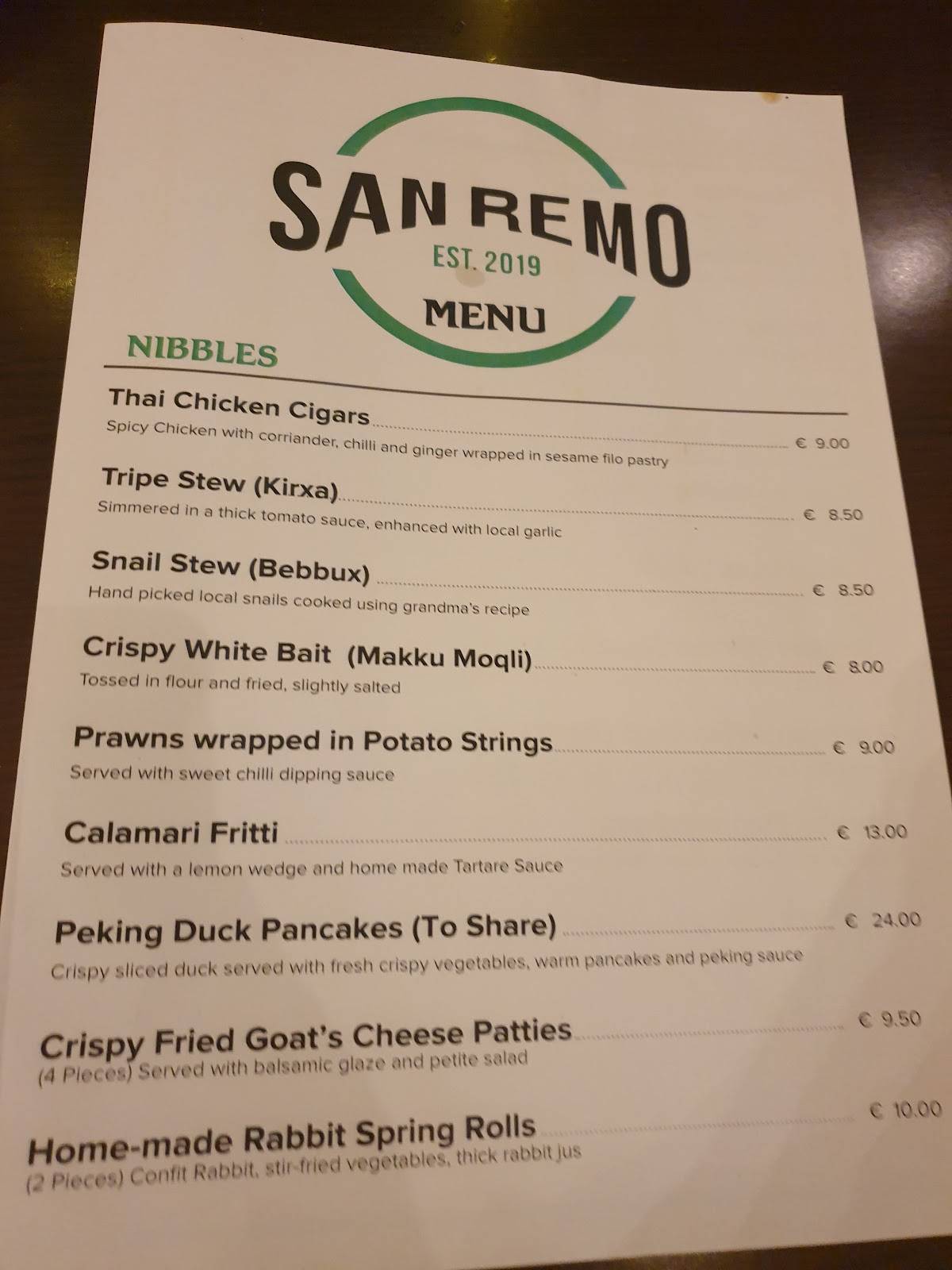 Menu at San Remo restaurant, Mosta