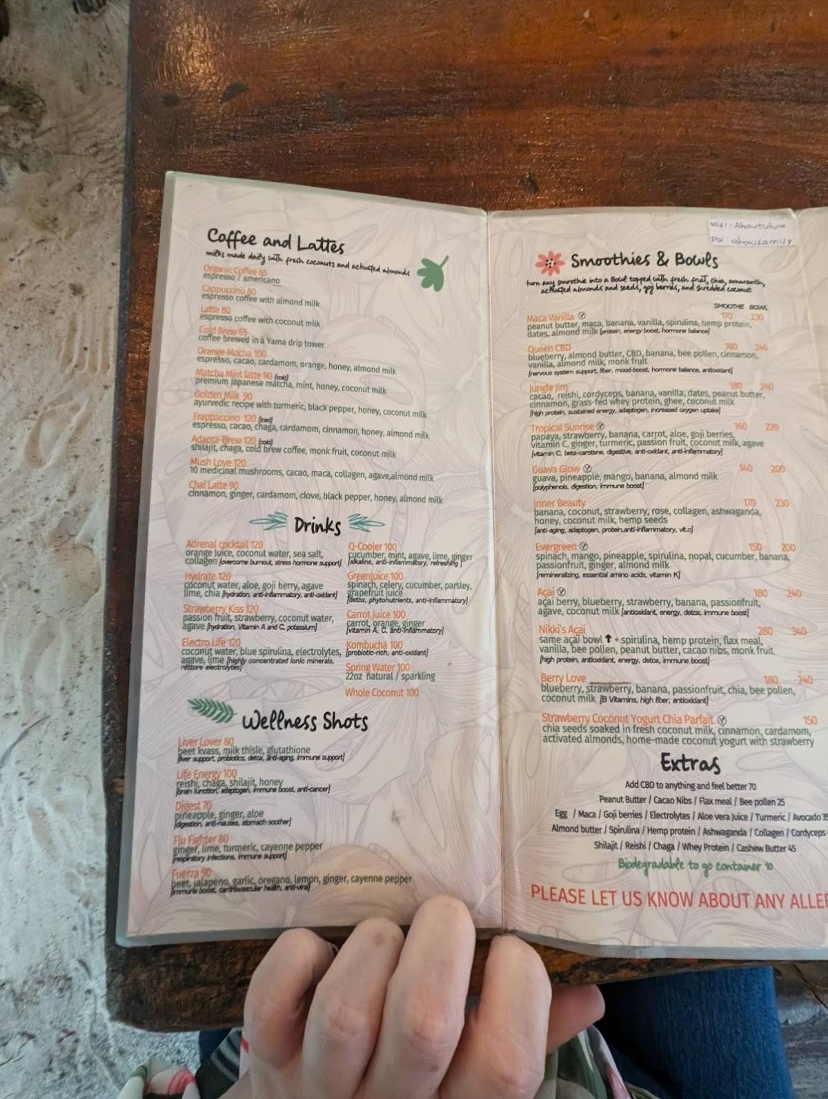 Menu at Sun Love Cafe, Tulum