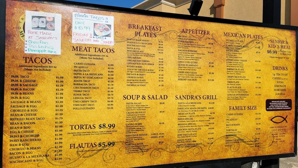 Menu at Sandra's Mexican Food restaurant, San Antonio, Potranco Rd