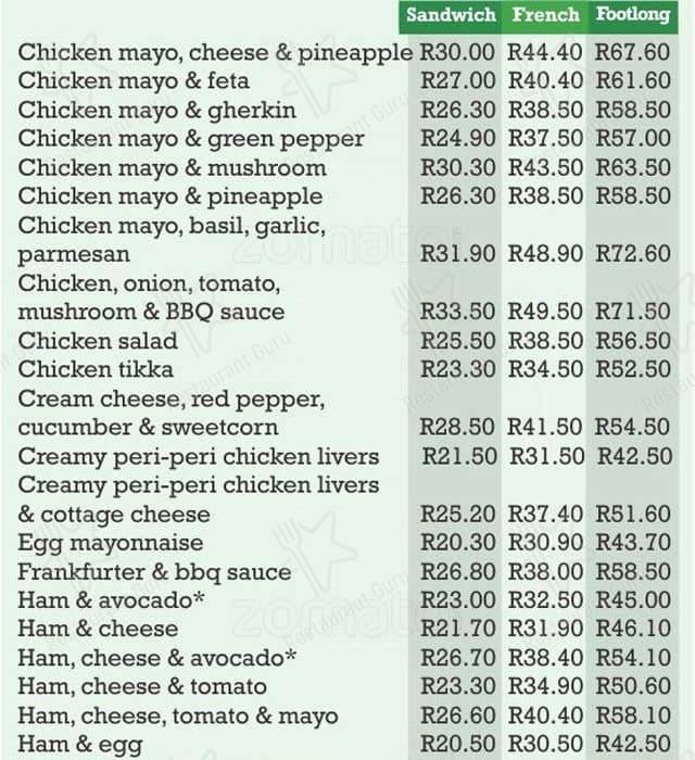 Carta de Sandwich Baron, Roodepoort, Westgate Shopping Centre