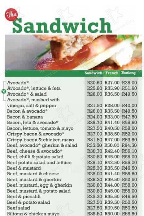 Carta de Sandwich Baron, Roodepoort, Westgate Shopping Centre