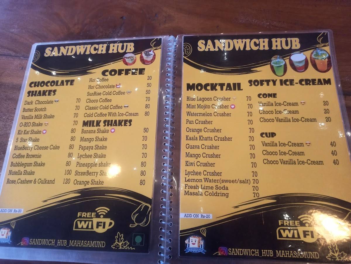 Menu at Sandwich Hub, Mahasamund