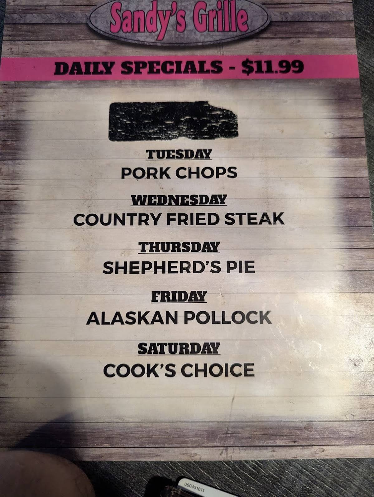 Menu at Sandy's Grille pub & bar, Sebastian