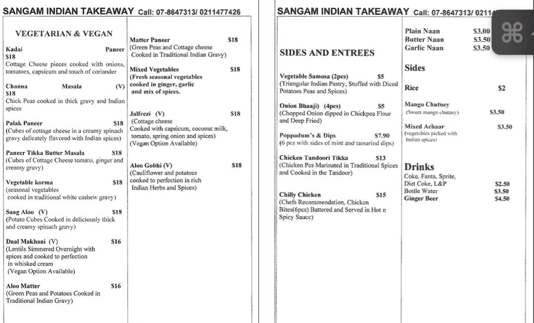 Menu at Sangam Modern Indian Eatery & Bar Tairua, Tairua