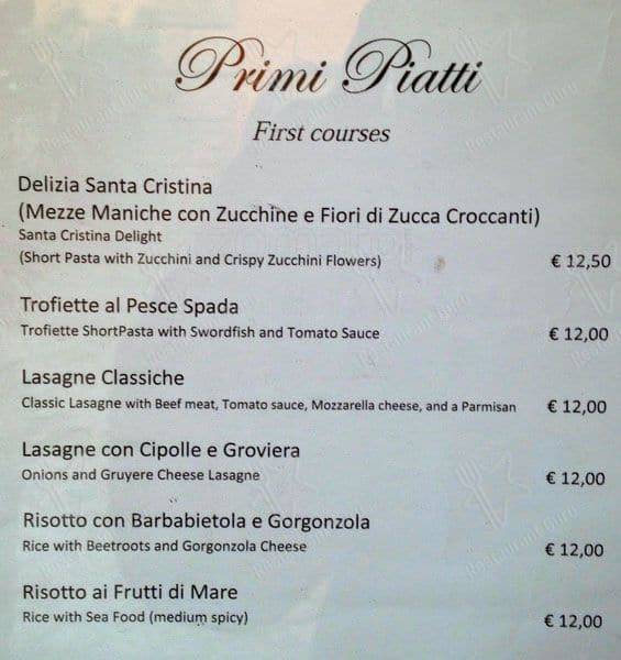 Menu at Ristorante Santa Cristina al Quirinale, Rome