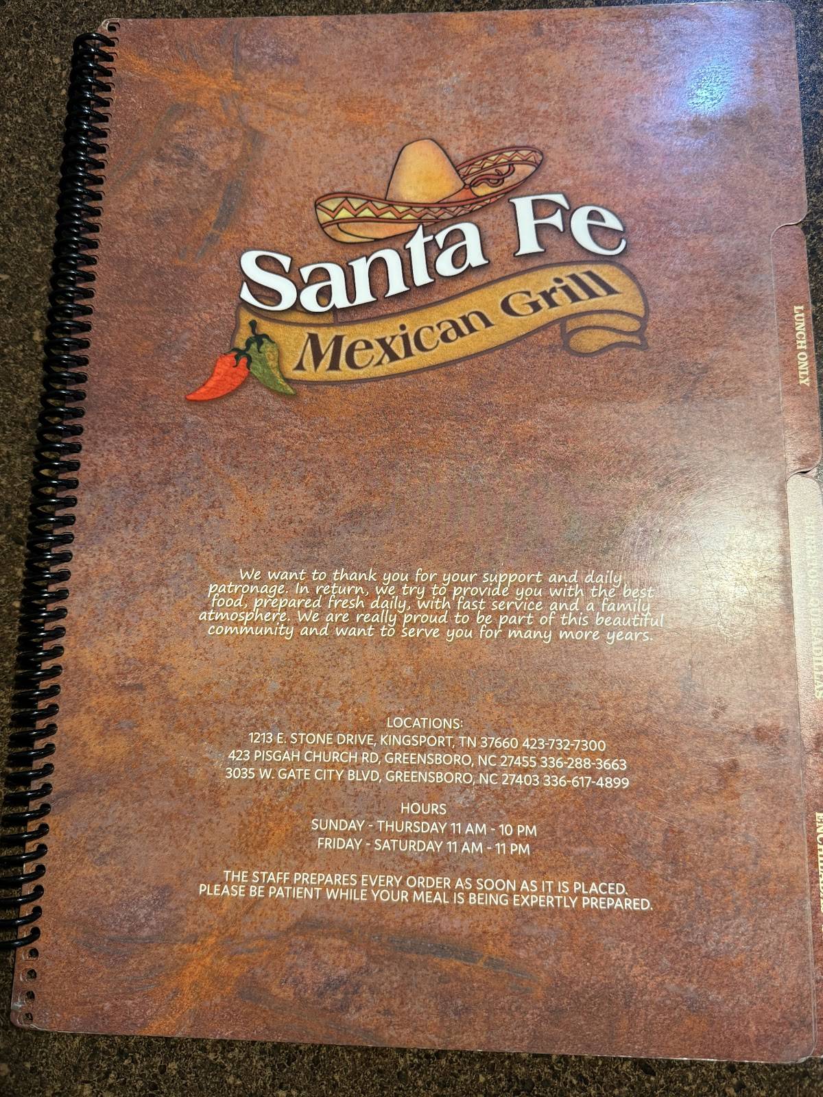 Menu at Santa Fe Mexican Grill restaurant, Kingsport