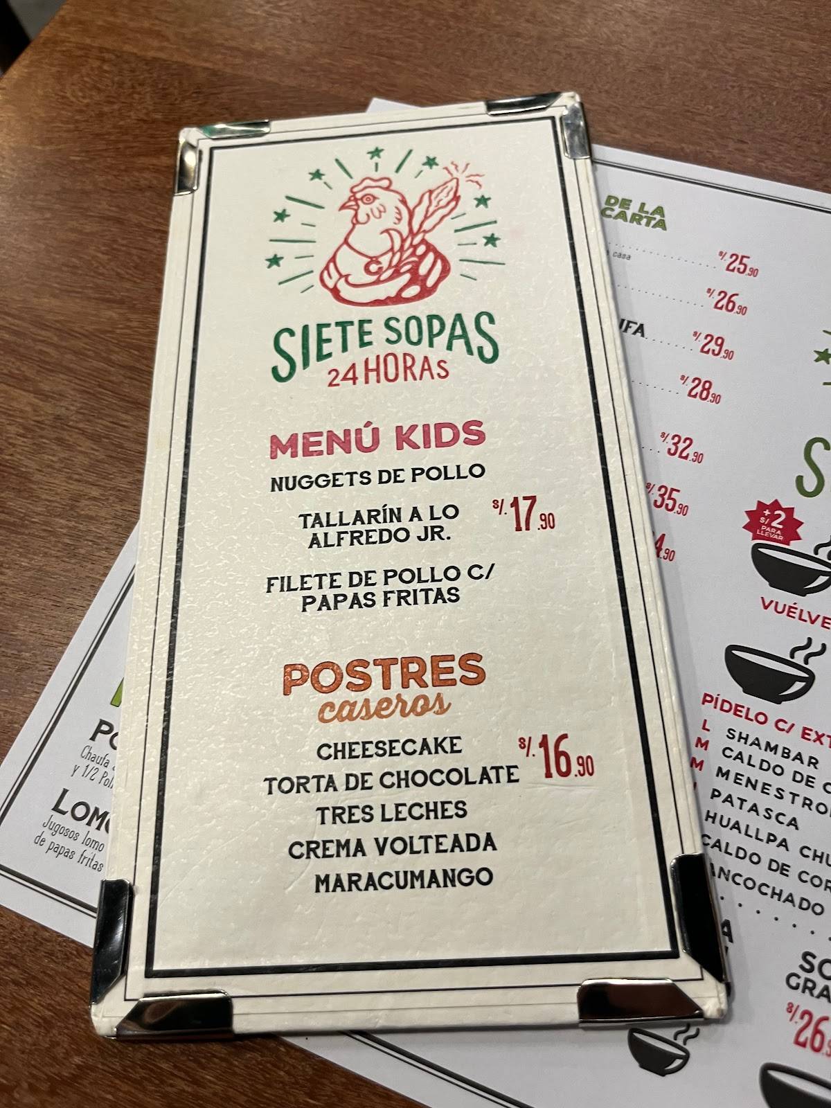 Carta del restaurante Siete Sopas, Santiago del Surco
