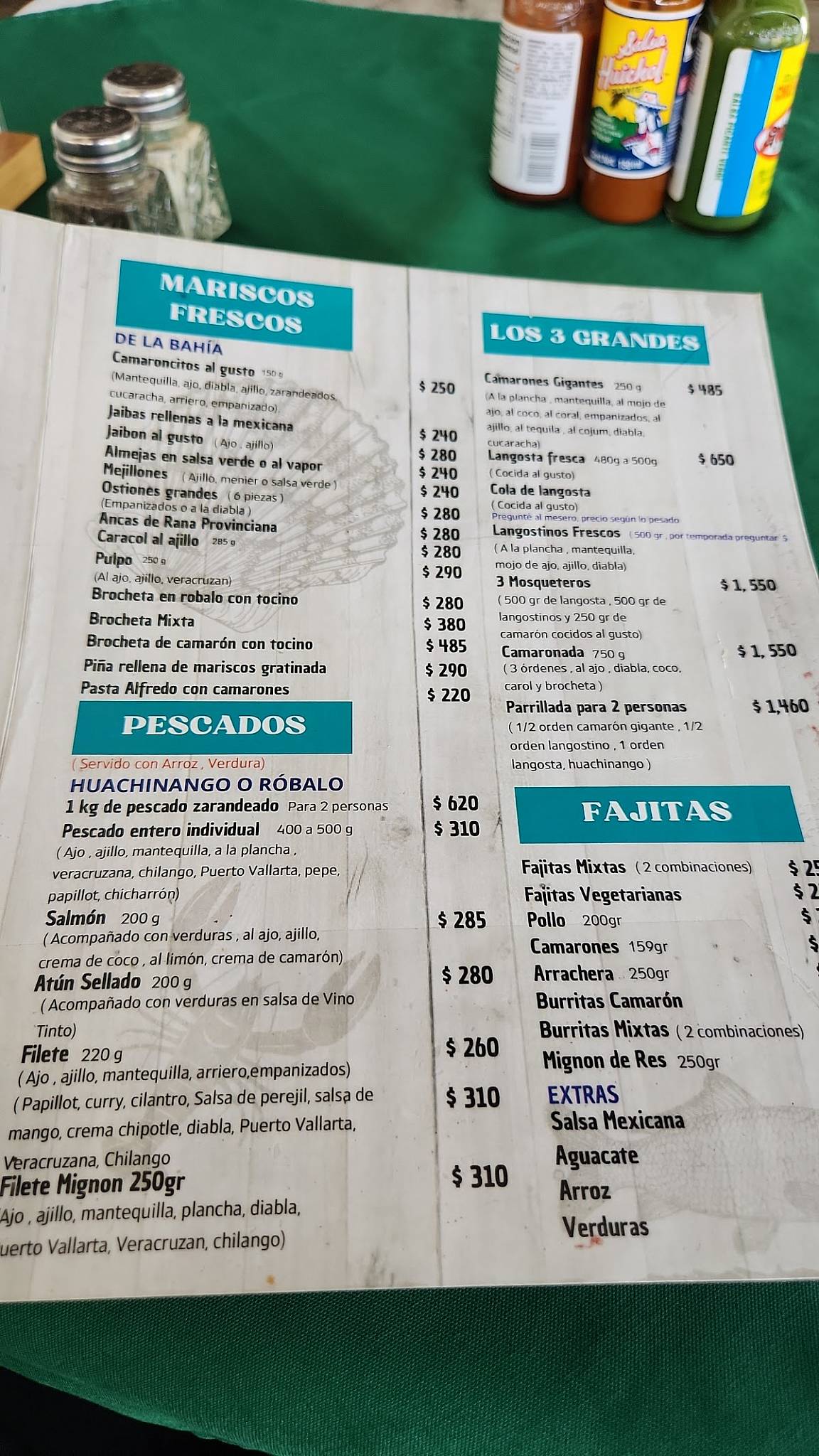 Menu at Santos Mariscos seafood restaurant, Puerto Vallarta