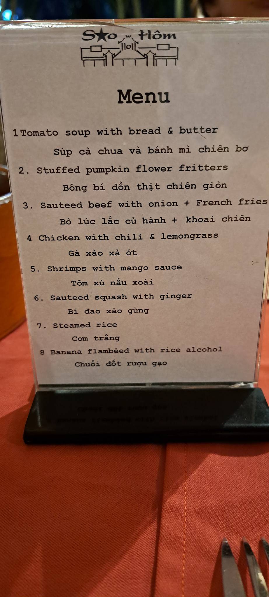 Menu at Sao Hôm Restaurant, Can Tho
