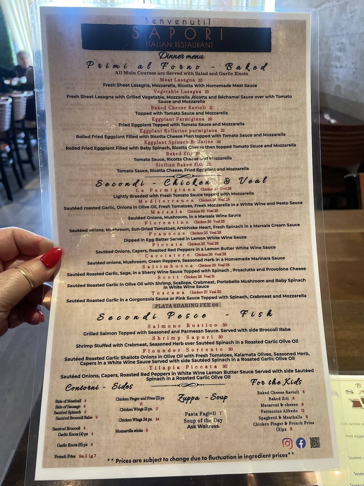 Menu at Sapori Italian Restaurant and Pizza, Perkasie