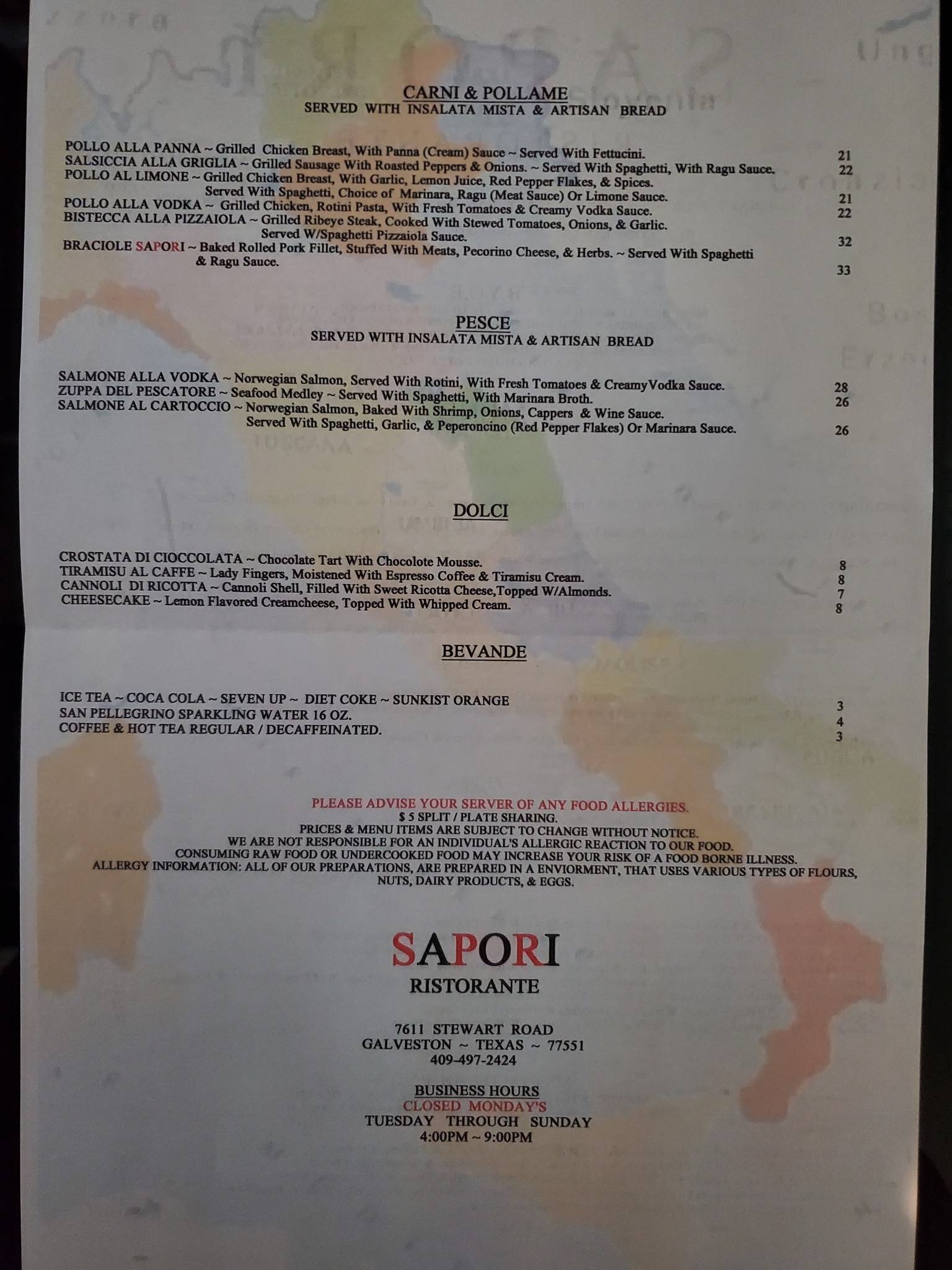 Menu at Sapori restaurant, Galveston, Stewart Rd