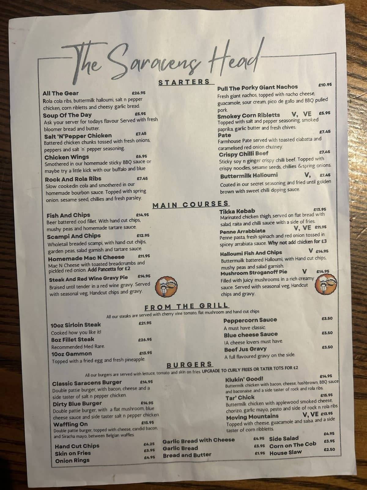 Menu at The Saracens Head pub & bar, Lymm, Paddock Ln