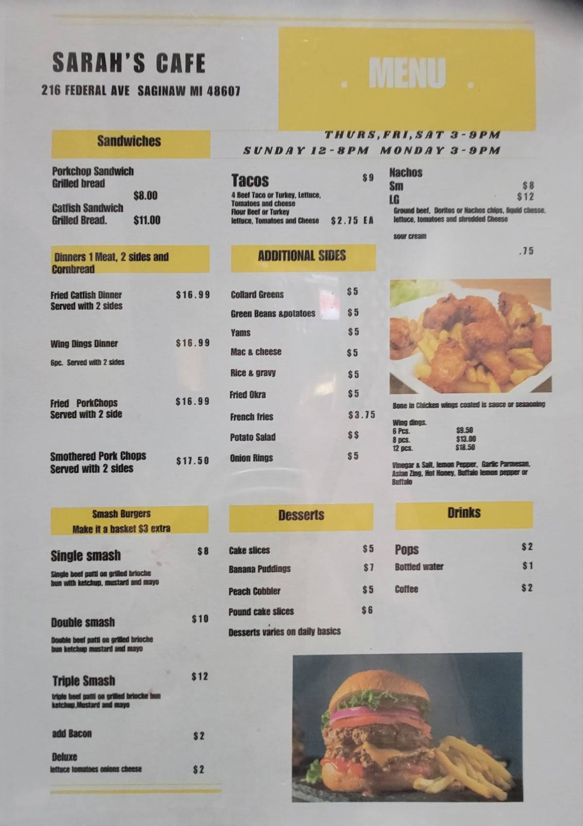 Menu at Sarah's Cafe, Saginaw