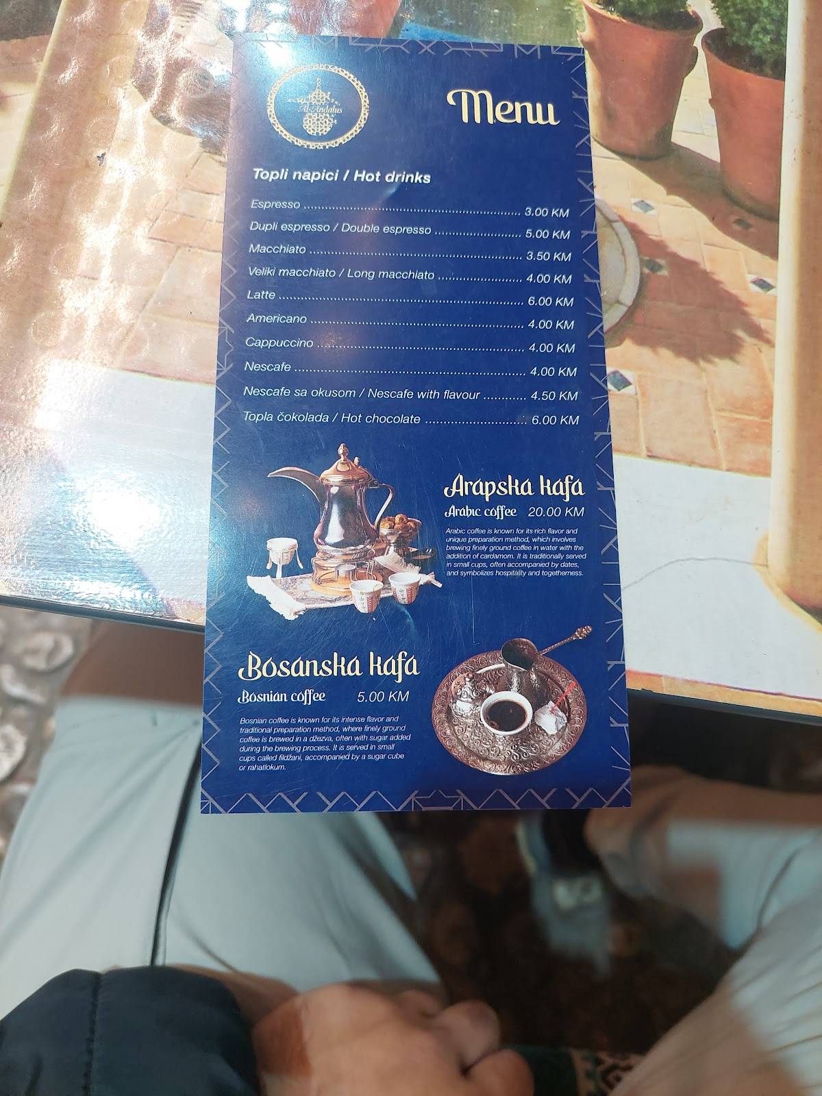 Menu at Al Andalus Caffe, Sarajevo