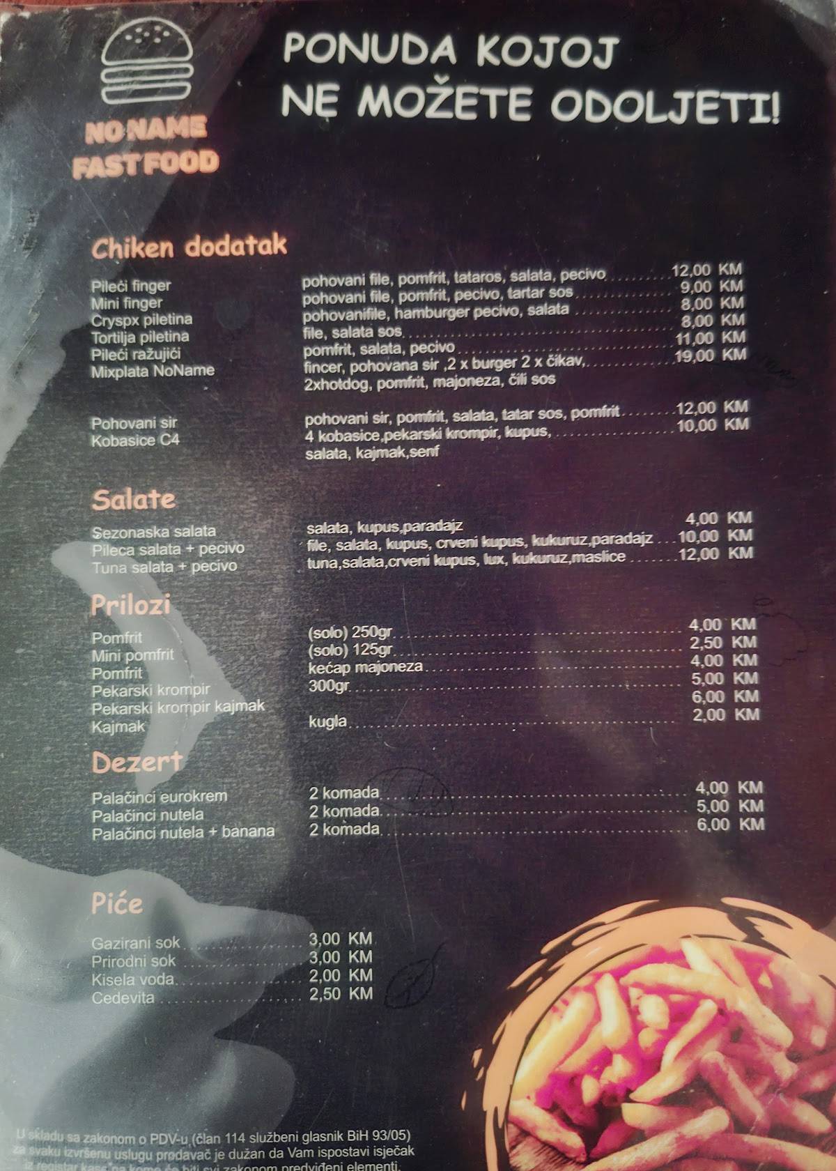 Menu at NO NAME restaurant, Sarajevo