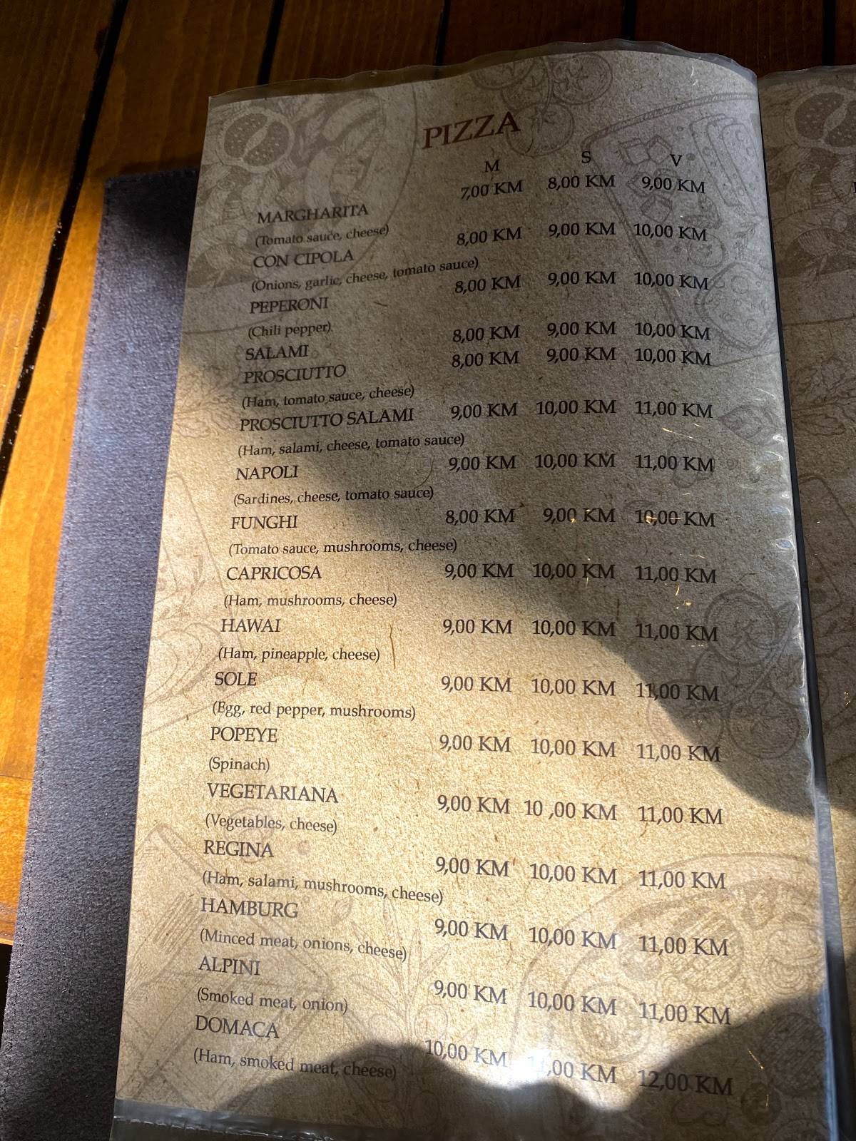 Menu at Piccolo Mondo restaurant, Sarajevo, Kotromanića 5