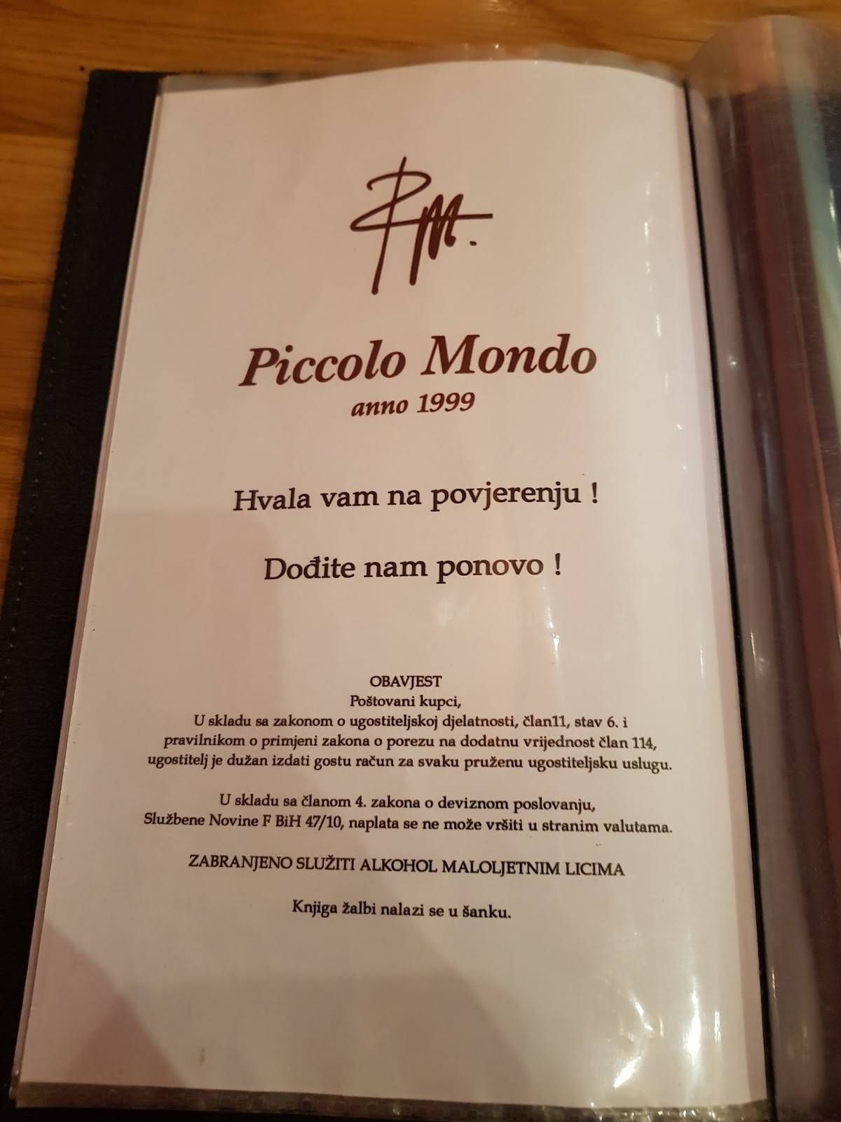 Menu at Piccolo Mondo restaurant, Sarajevo, Kotromanića 5