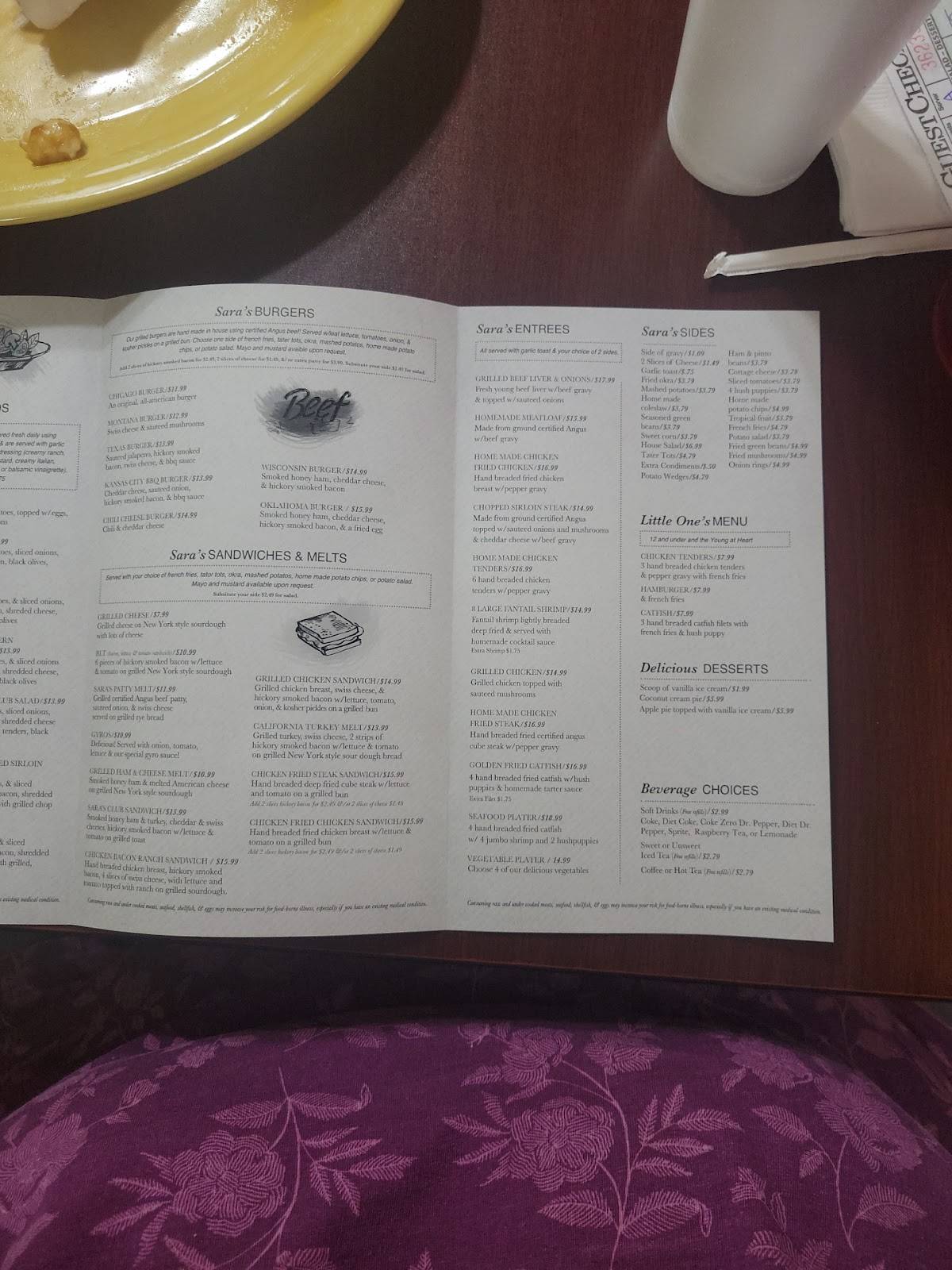 Menu at Sara’s Restaurant, Del City, SE 15th St