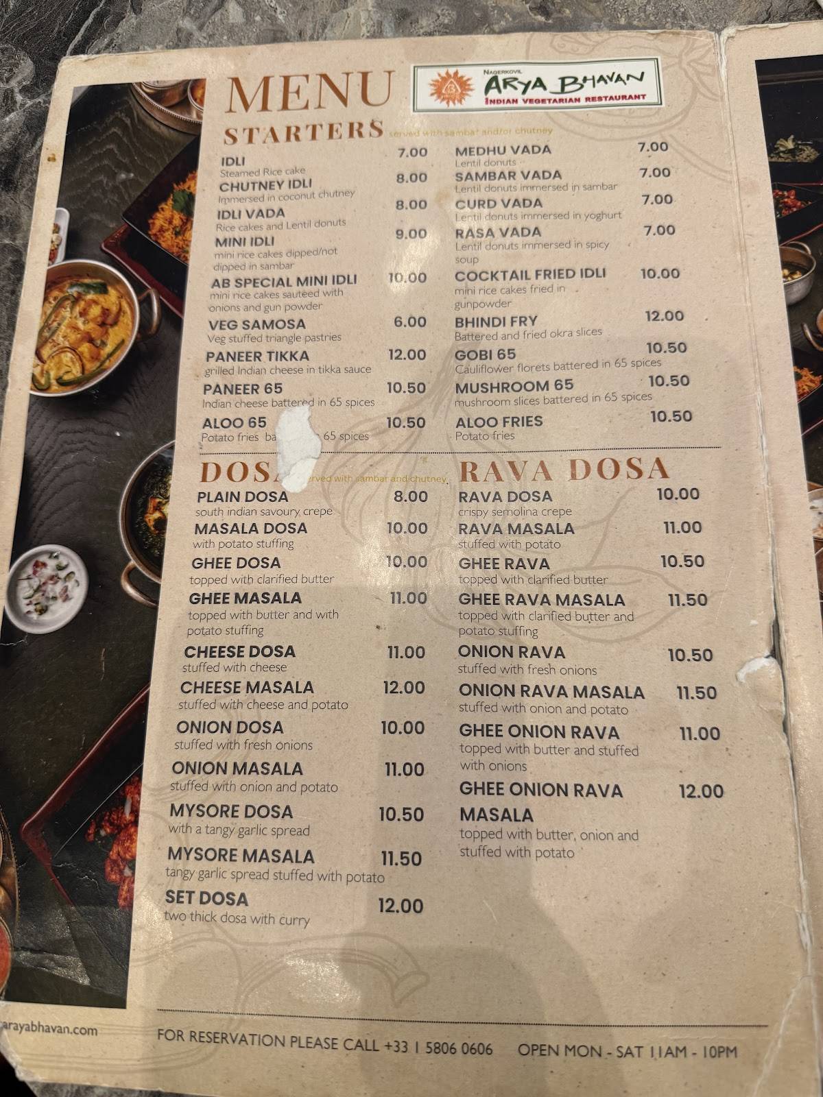 Menu at Arya Bhavan Paris restaurant, Paris