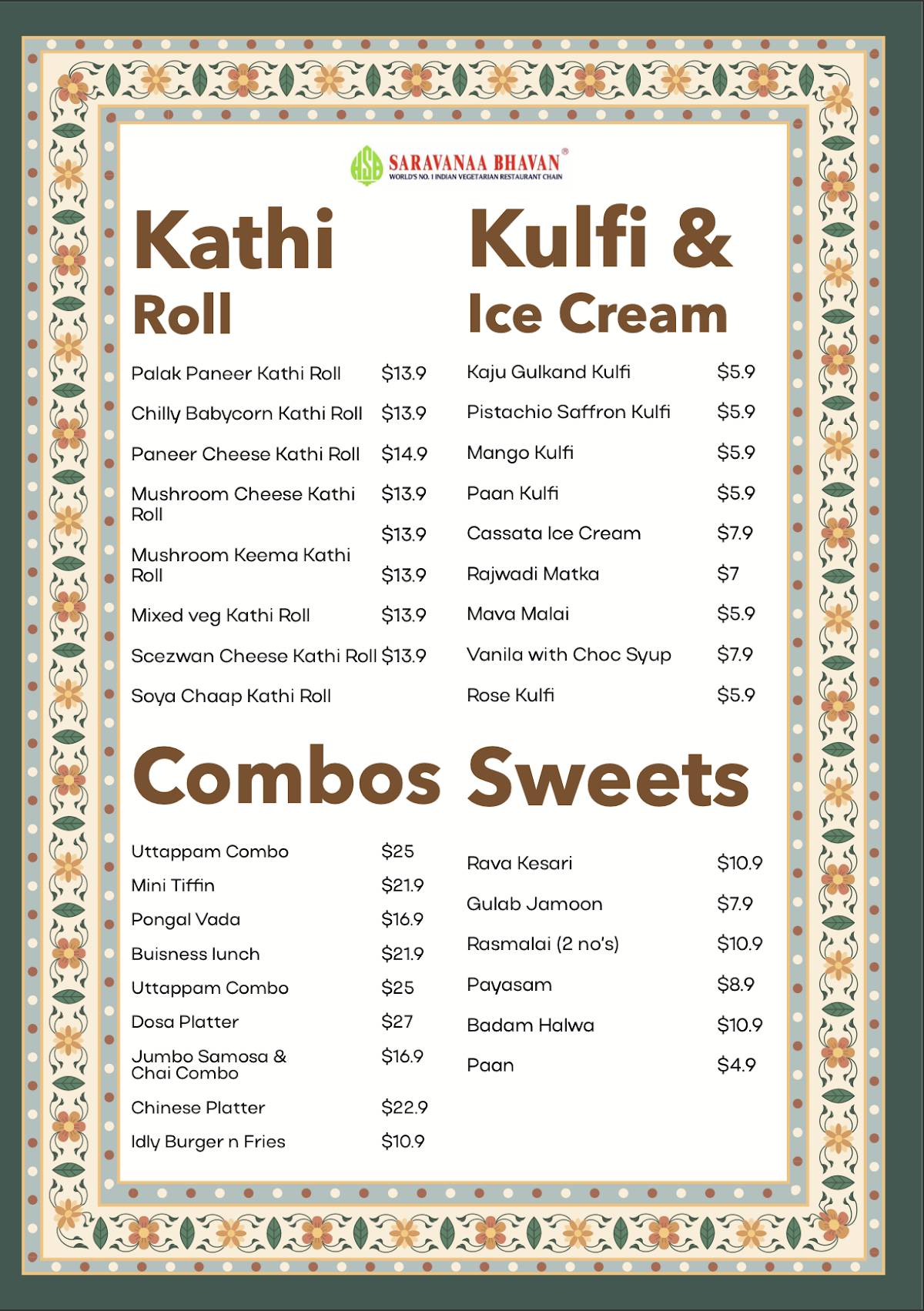 Menu at Saravanaa Bhavan restaurant, Upper Mount Gravatt